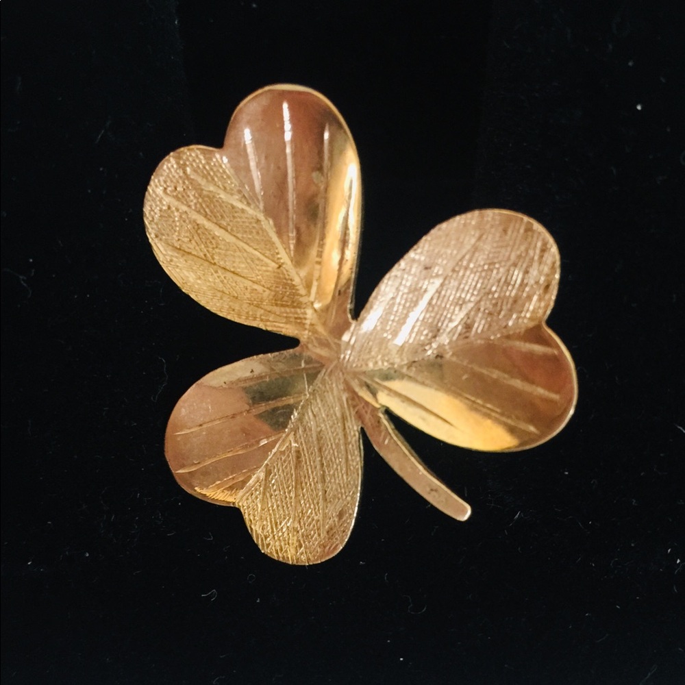 Vintage Lucky 9k Gold Three Leaf Clover Brooch - Gem
